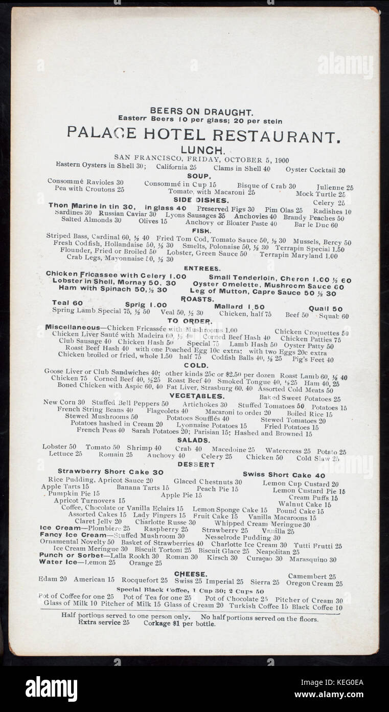 LUNCHEON MENU (held by) PALACE HOTEL RESTAURANT (at) SAN FRANCISCO, CA ...