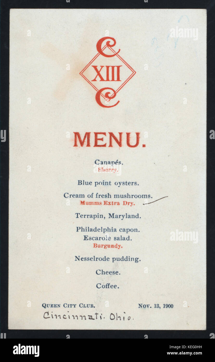 This menu, held by the Queen City Club in Cincinnati, Ohio, provides a ...