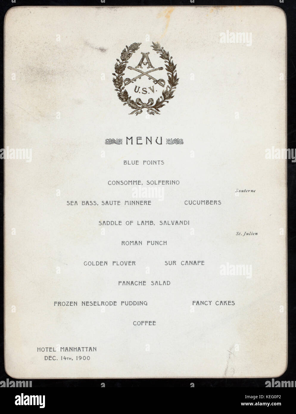 This historical menu, held by the A.U.S.V. at the Manhattan Hotel in ...