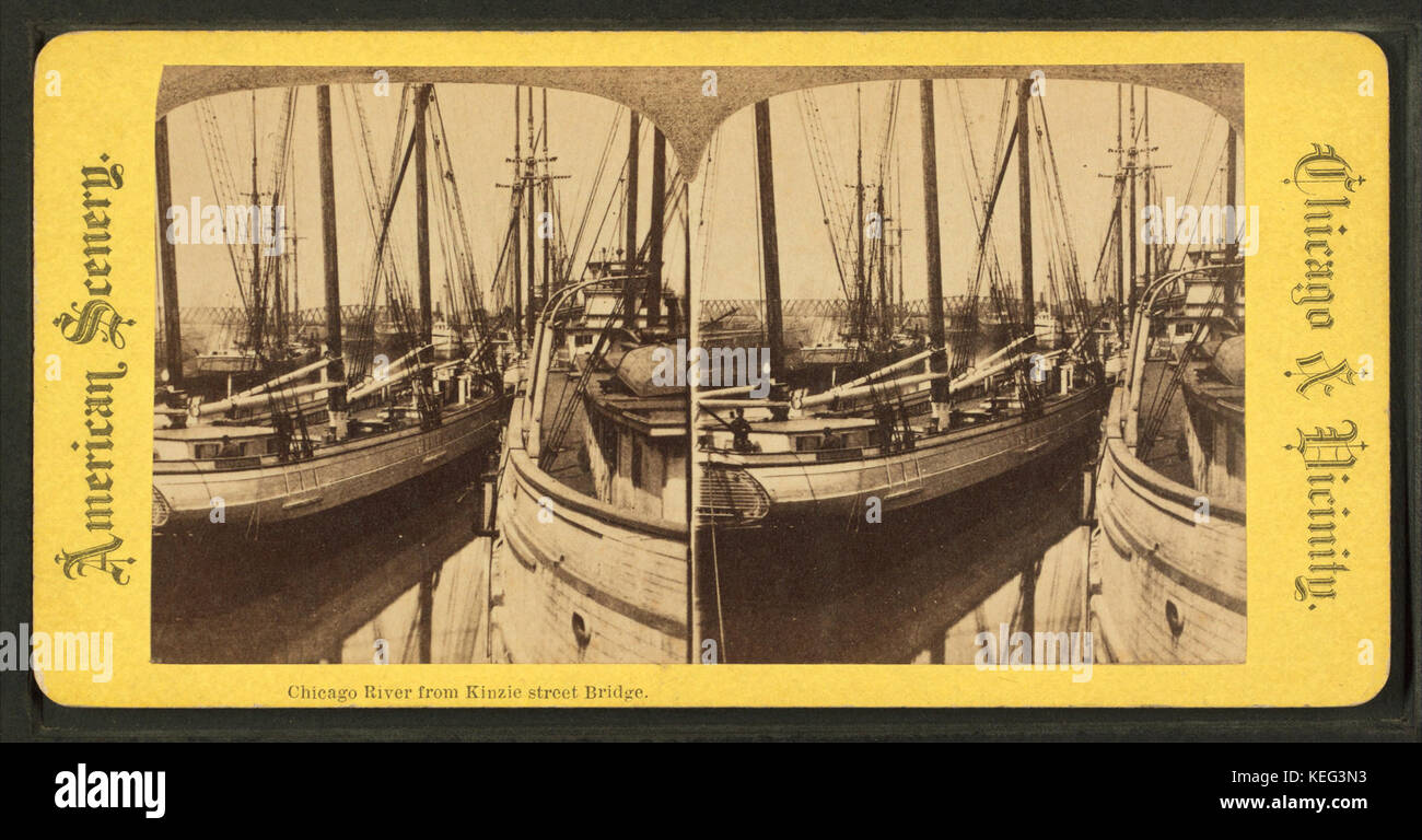 A stereoscopic view of the Chicago River from the Kinzie Street Bridge ...