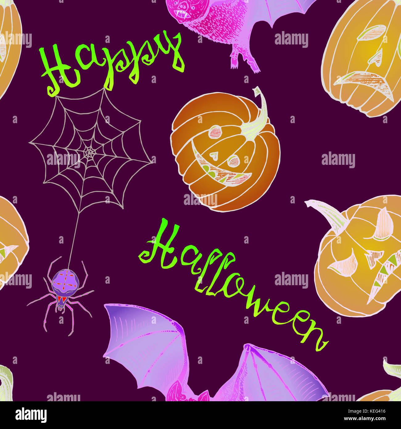 Happy Halloween: pumpkins, bat and spider web, hand drawn doodle sketch ...