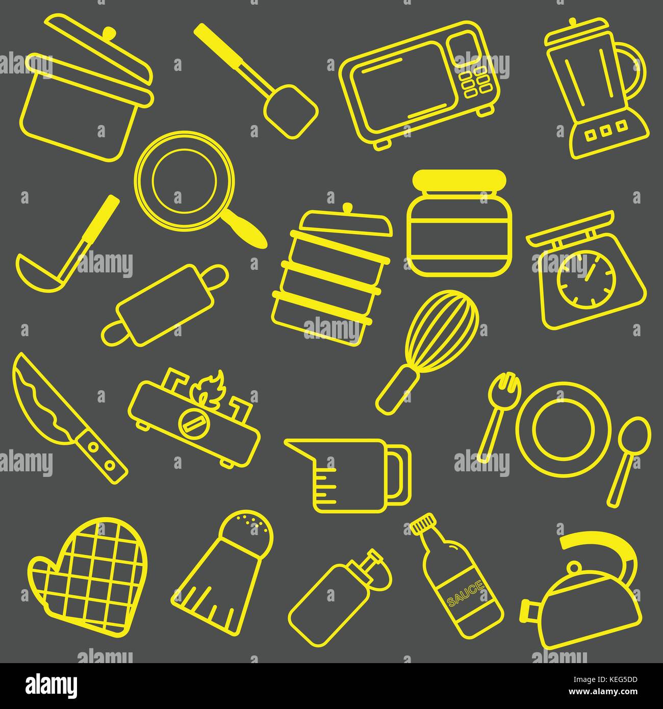 Yellow Kitchenware outline icons for tools and appliances equipment ...