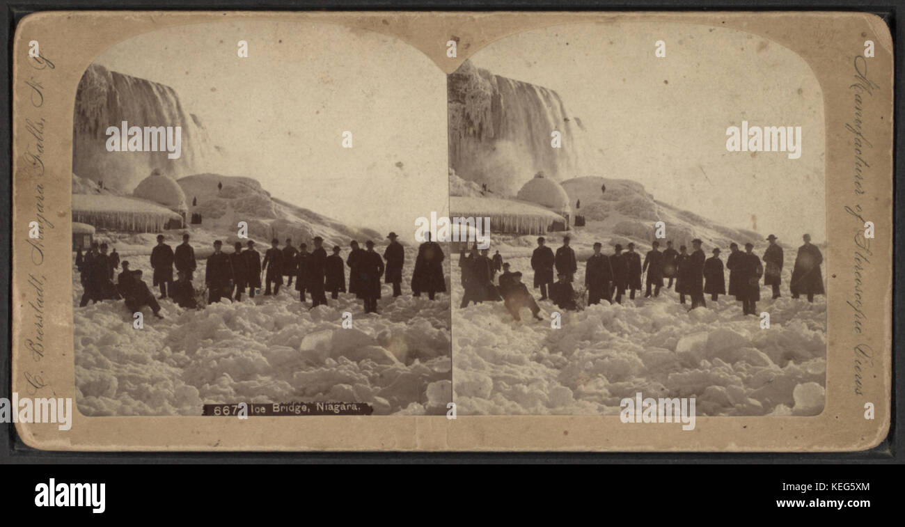 This stereoscopic view shows the Ice Bridge at Niagara Falls, a natural ...