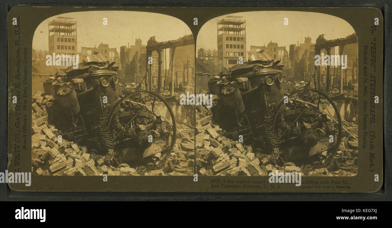 A fire engine caught and crushed by a falling wall, Post St., San ...