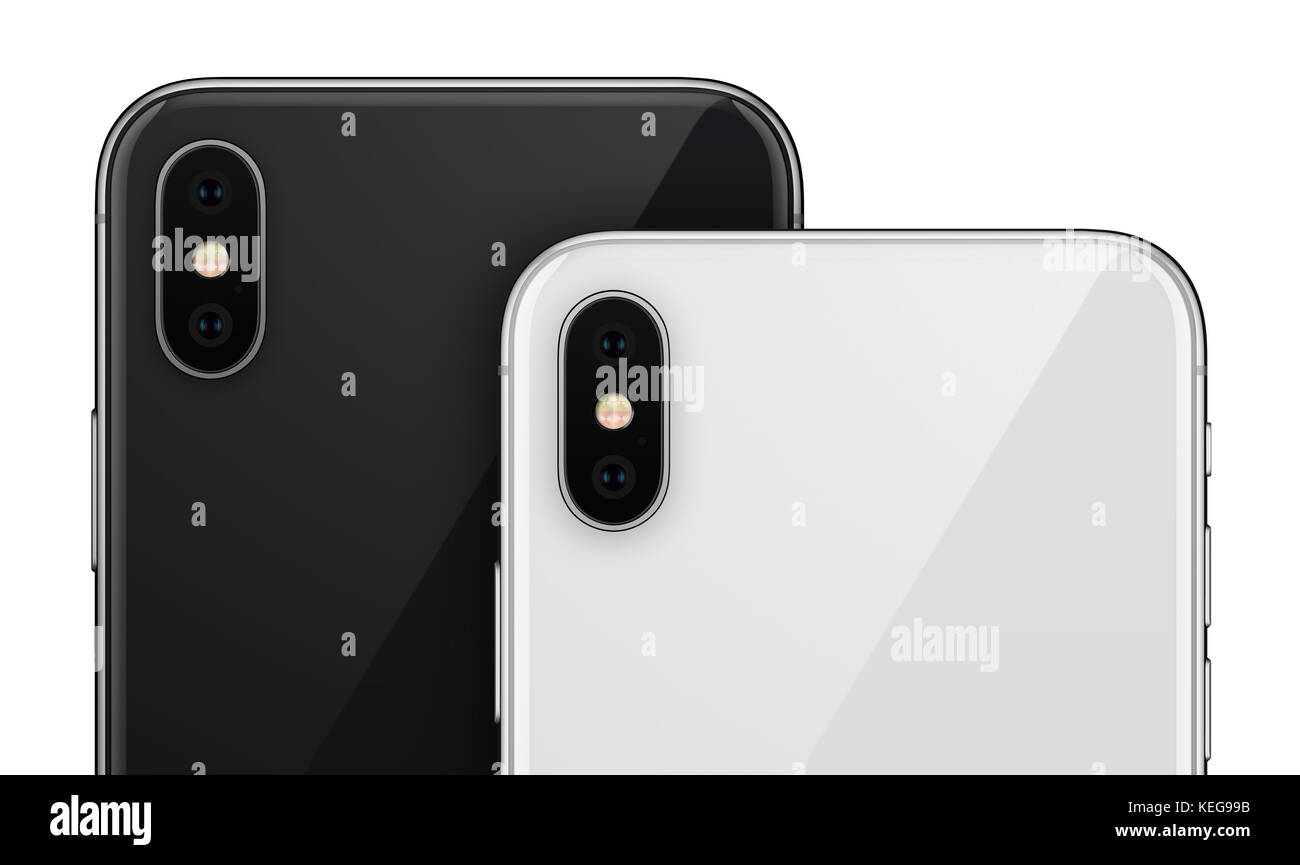 Close up black and white smartphone similar to iPhone X back sides with ...