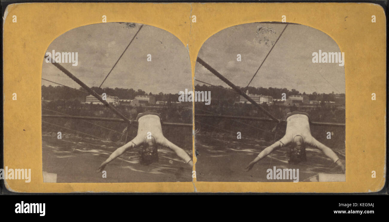 Blondin. (Tightrope walker dangling from a wire over the Niagara ...