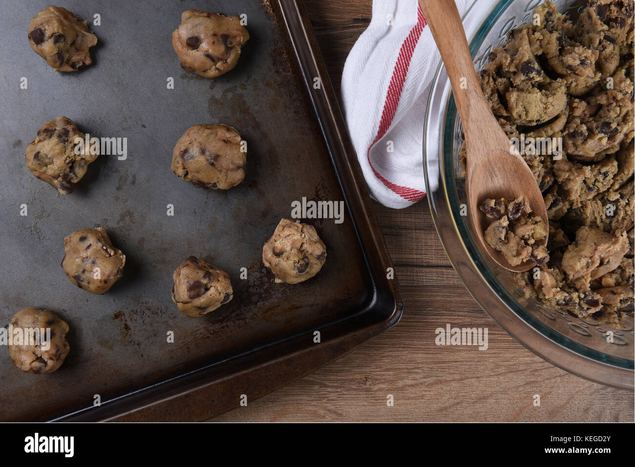 Top view of a baking sheet with raw cookie dough for making Chocolate ...