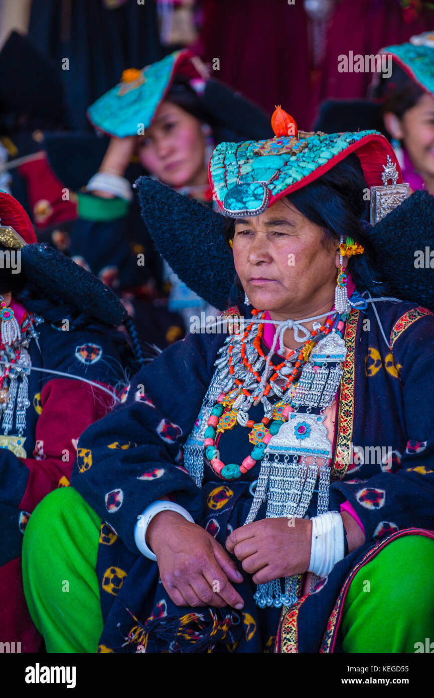 Unidentified Ladakhi people with traditional costumes participates in ...