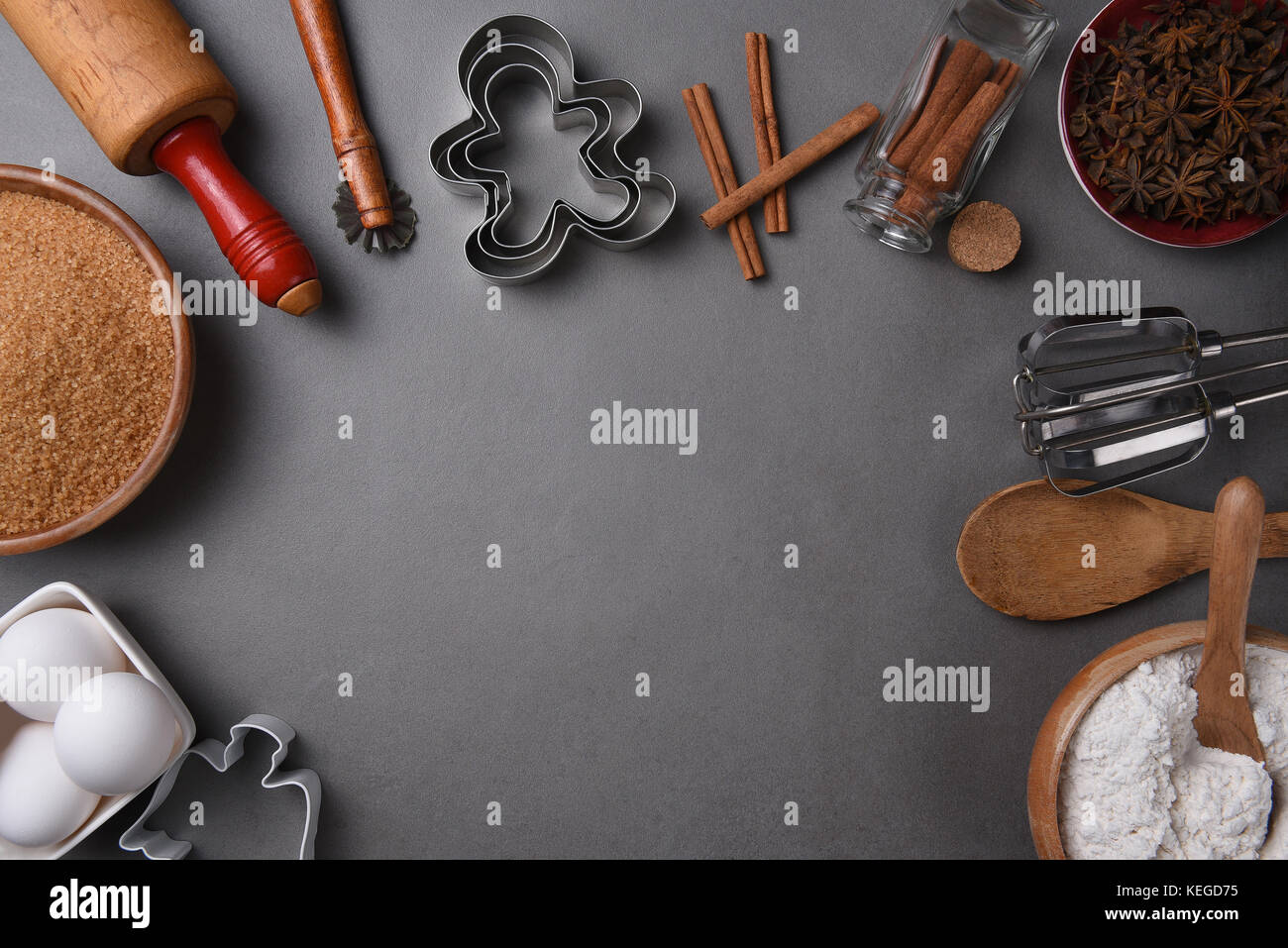 High angle shot of the ingredients and tools for baking holiday cookies ...