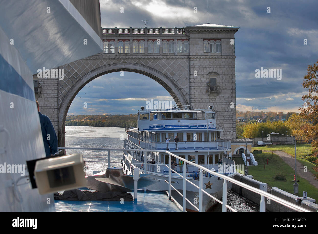 ROSTOV, Russia - 11 September 2017, Boat in navigable gateway of Uglich ...