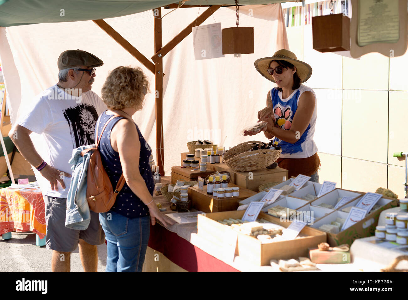 Altea, Spain. October 15, 2017: People buying at a Spanish flea market ...