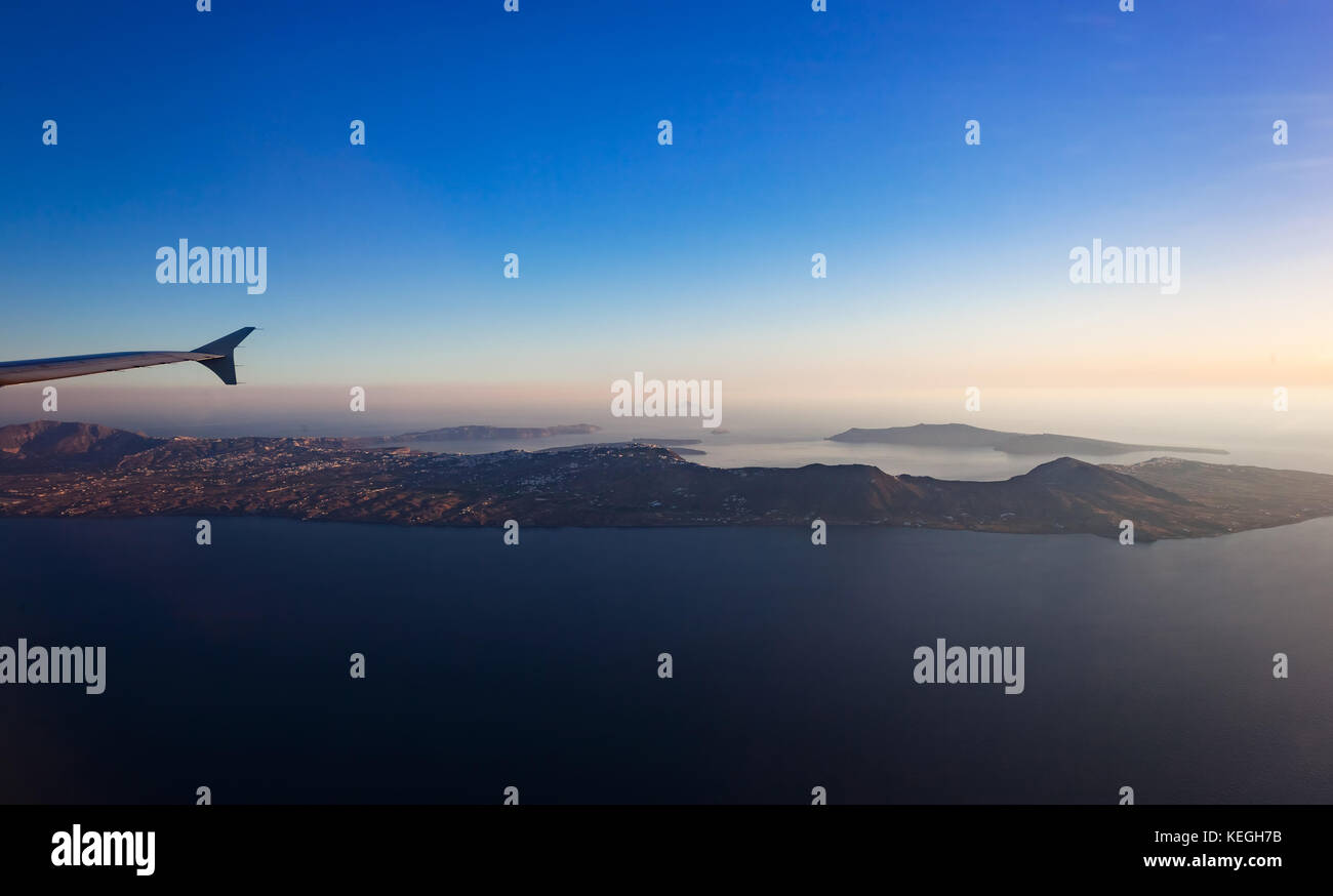 Amazing aerial view of Santorini island as seen from plane window Stock ...