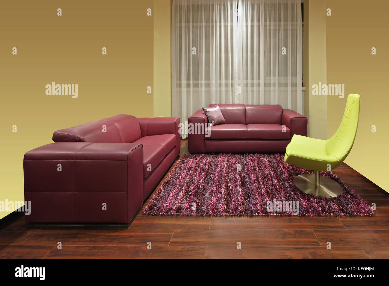 Living room interior with dark red leather furniture Stock Photo - Alamy