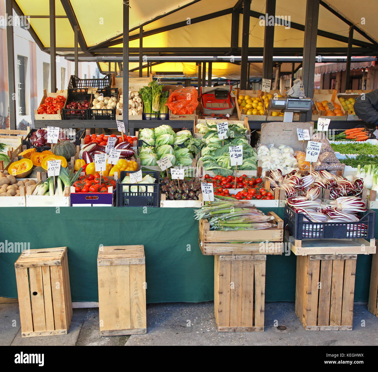 Large fruit and vegetables market stall with wooden crates Stock Photo ...