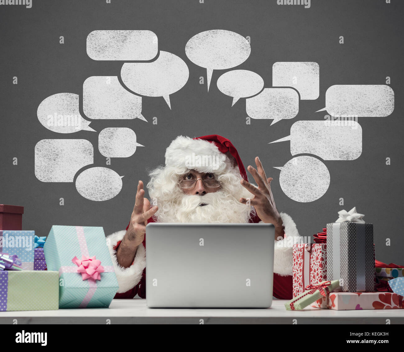 Angry frustrated Santa Claus yelling at the laptop on Christmas Eve ...