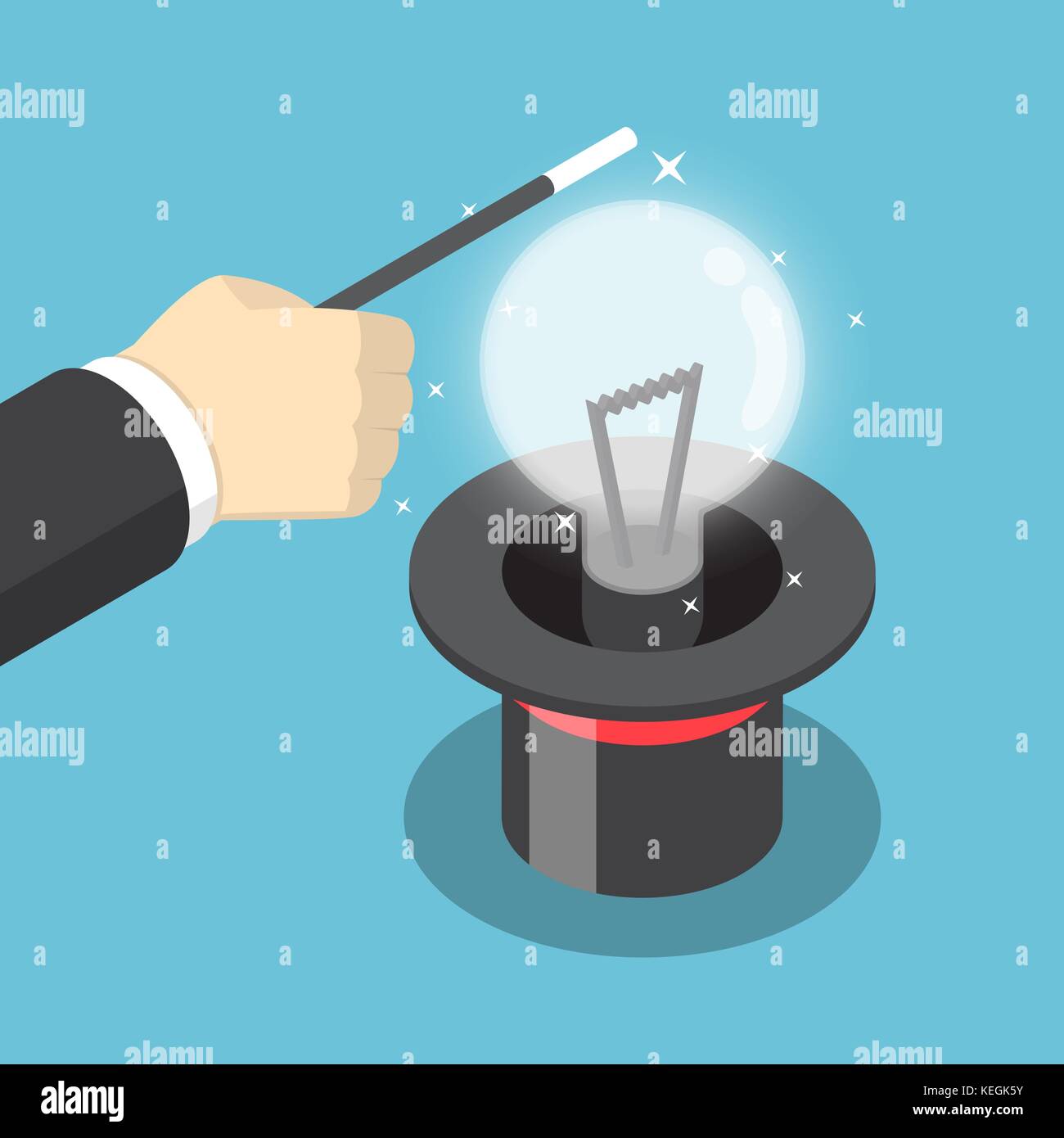 Isometric businessman hand use a magic trick to make light bulbs of ...