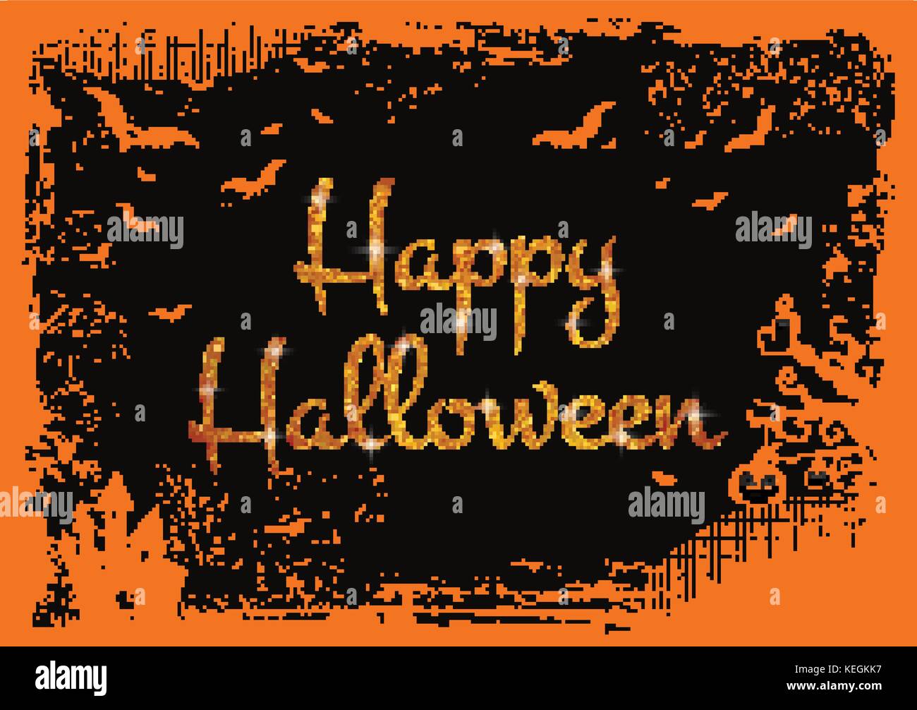 Horizontal Happy Halloween glitter orange text with bats, pumpkin and ...