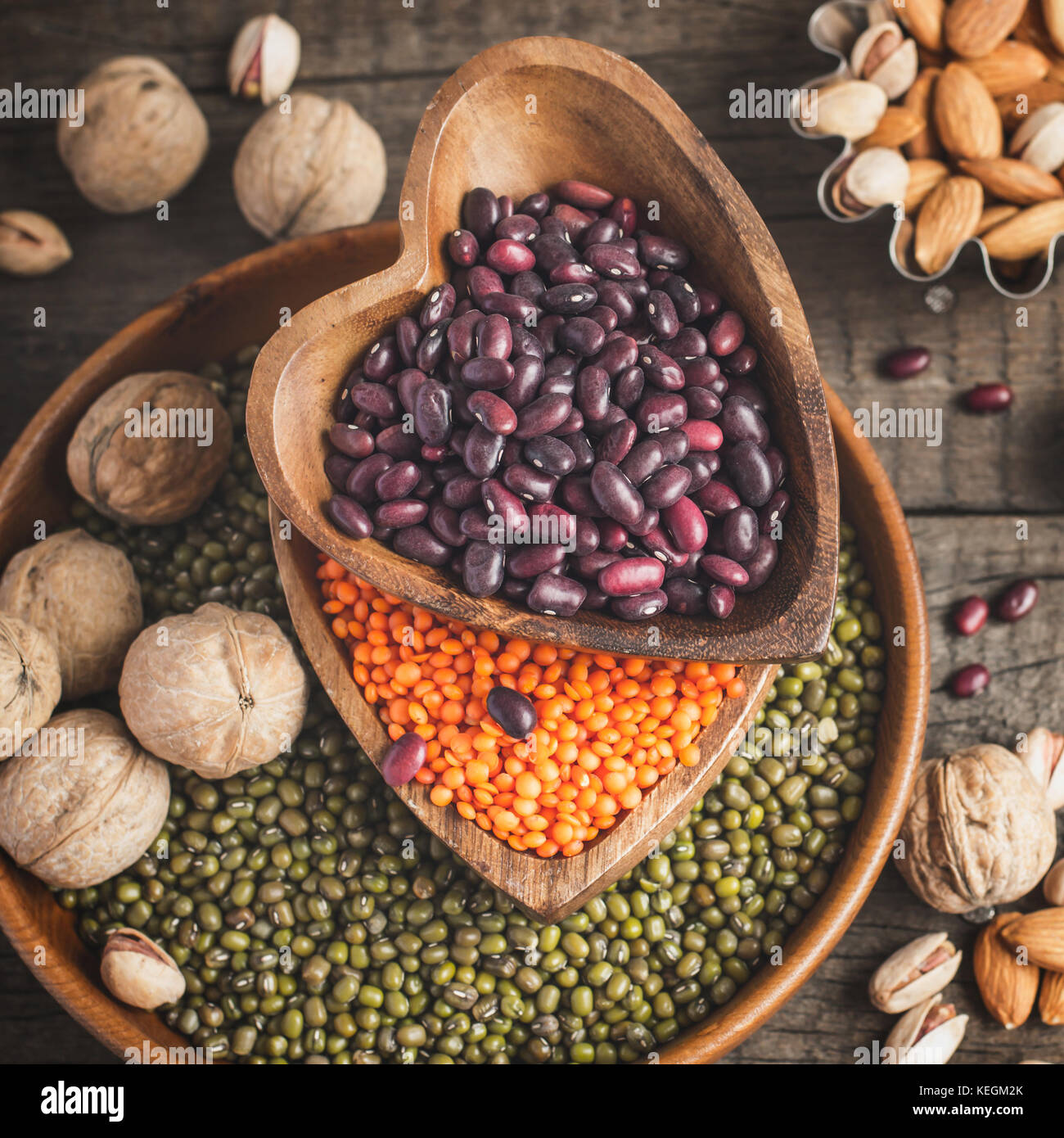 Sources of vegetable protein are various legumes and nuts. Top view ...