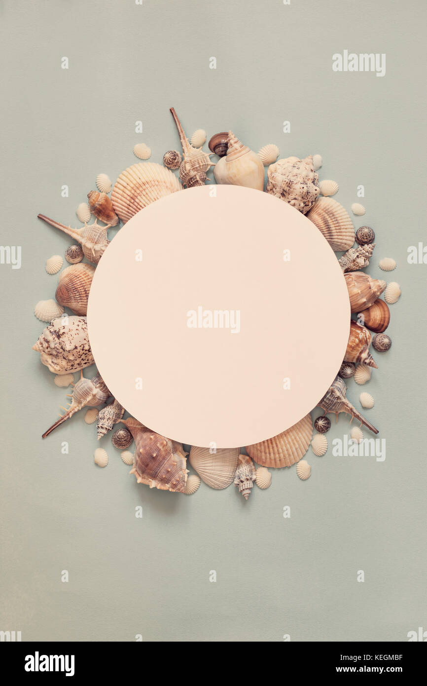 Sea summer travel Concept. Frame of sea shells on a blue background ...