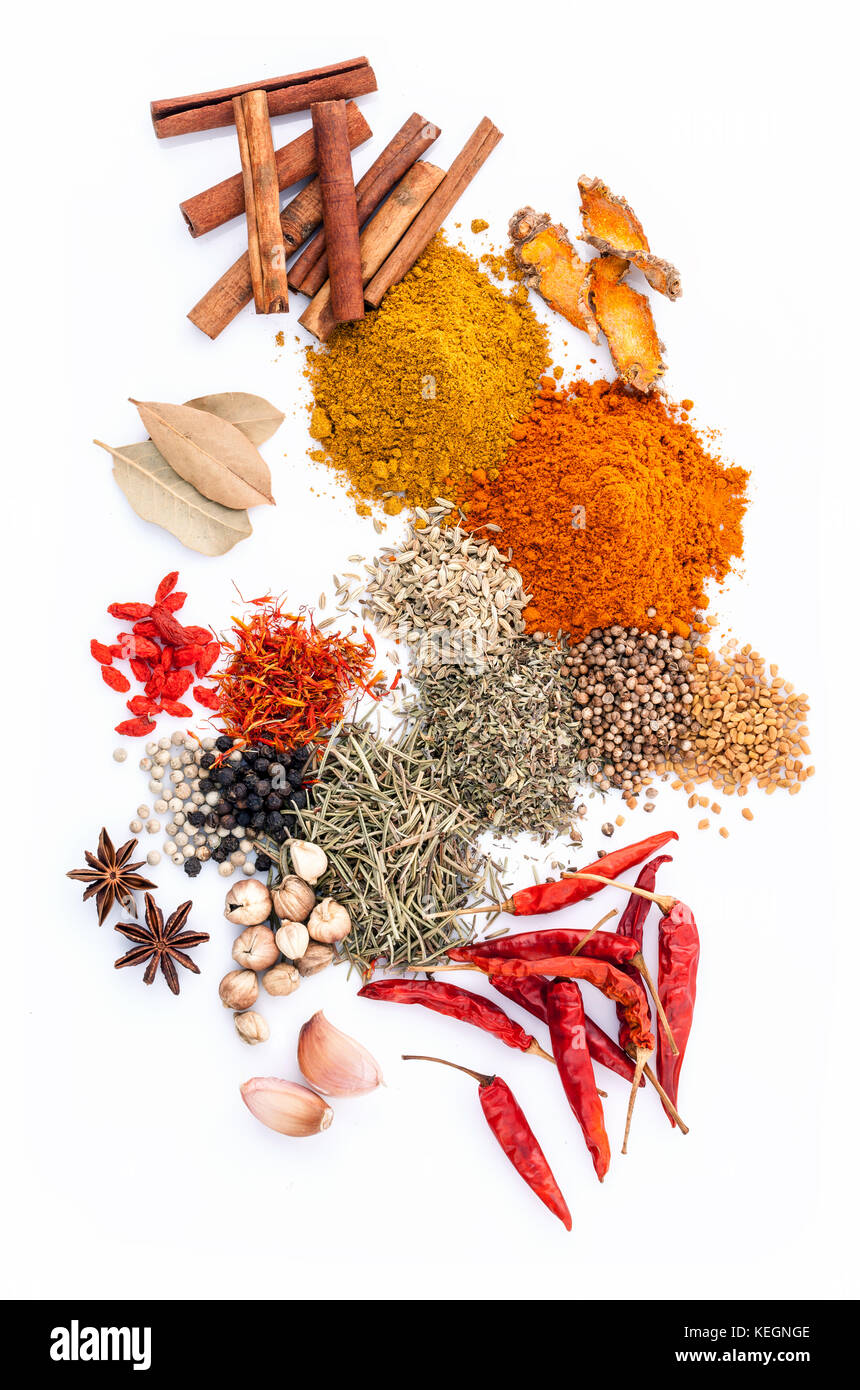 Assorted of spices black pepper ,white pepper,fenugreek,cumin ,bay leaf ...