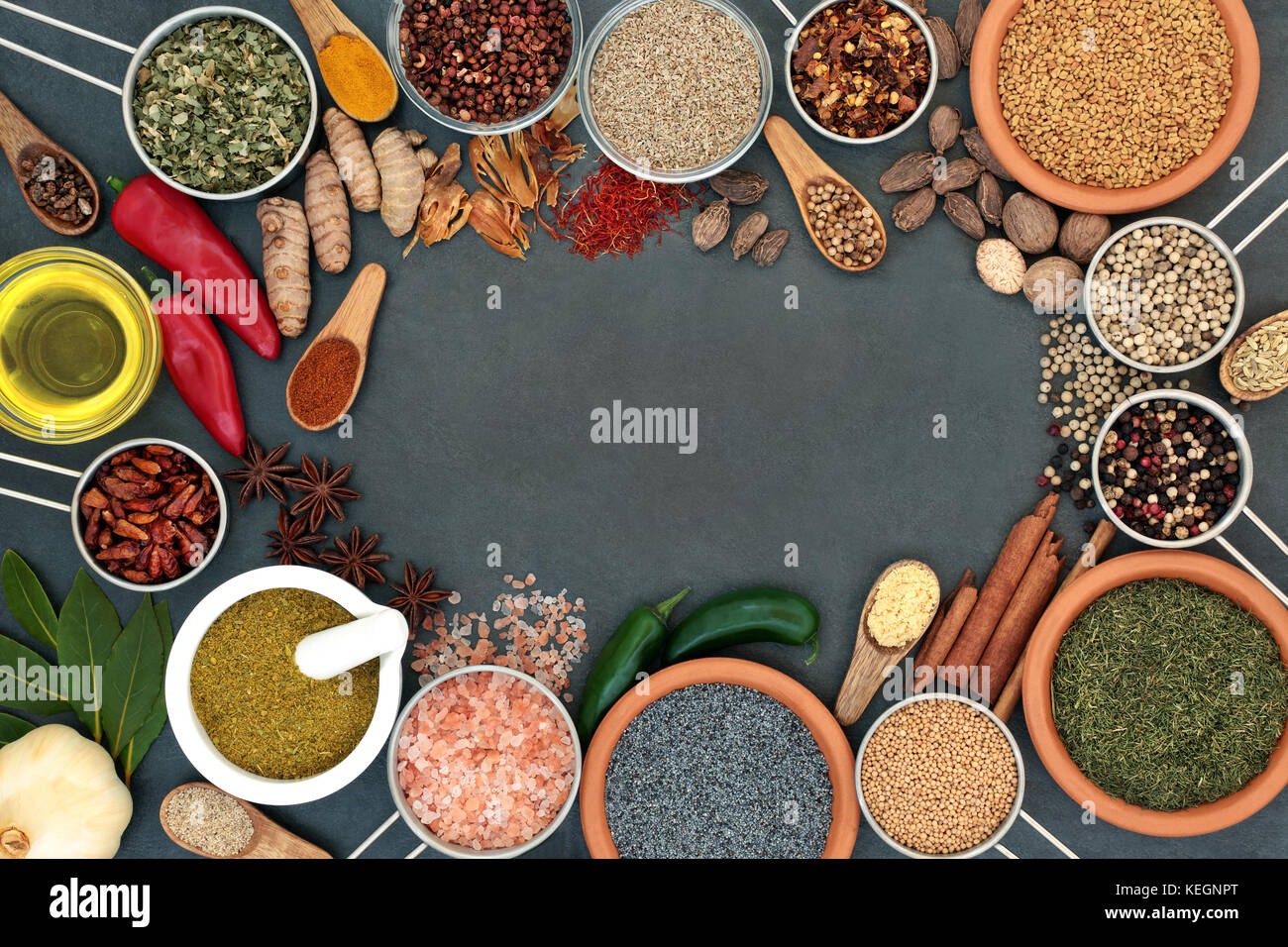 Herb and spice abstract background border with dried herbs and spices ...