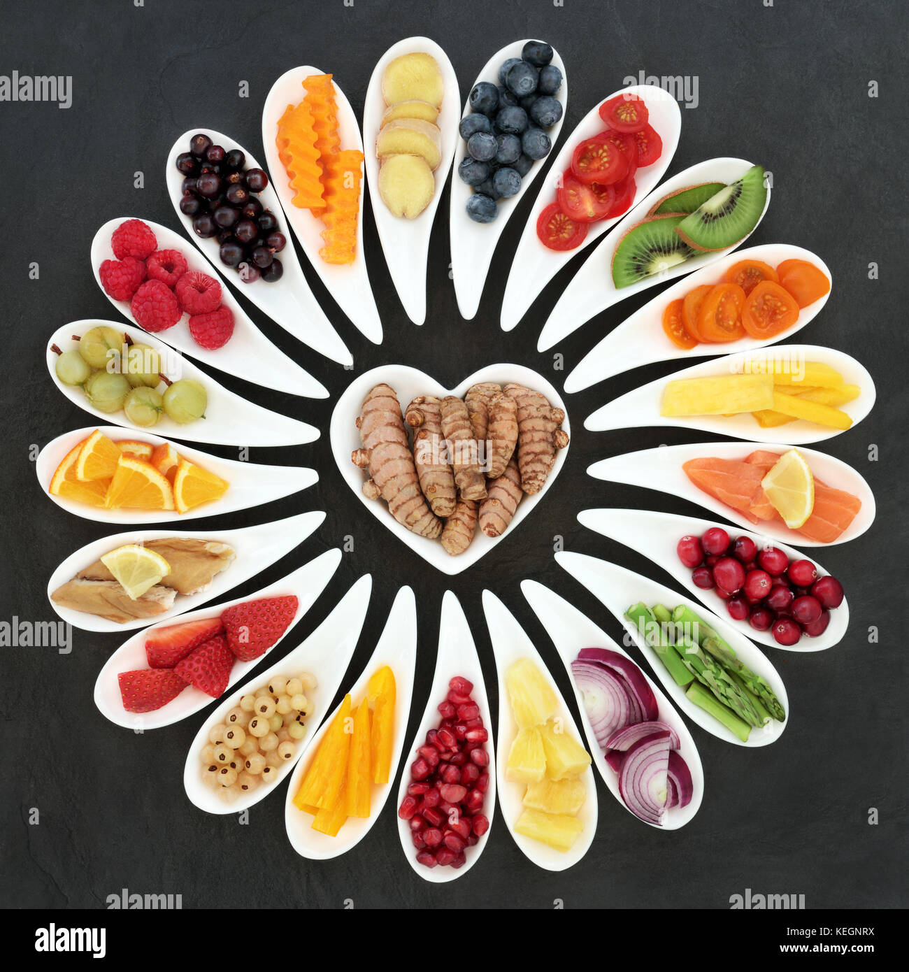 Health food nutrition for a healthy heart with fresh fruit, vegetables ...