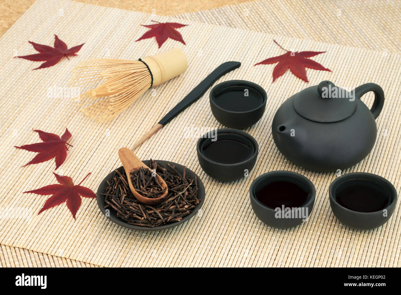 Japanese kuchika roasted twig green tea with teapot and cups, stirrer ...