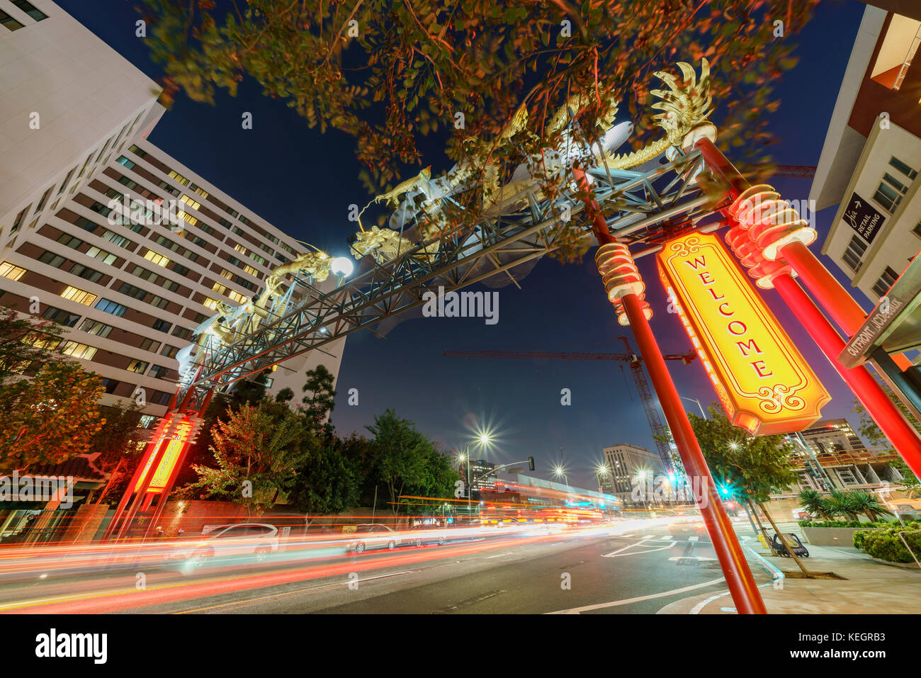 Los Angeles, OCT 19: Night view of the dragon entrance gate of ...