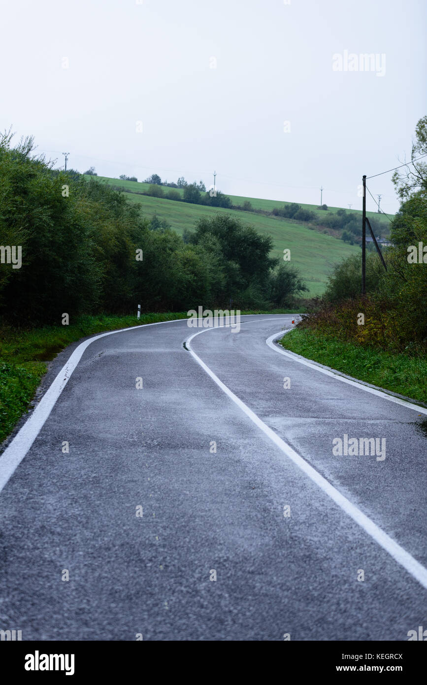 empty road in the countryside with trees in surrounding. perspective in ...