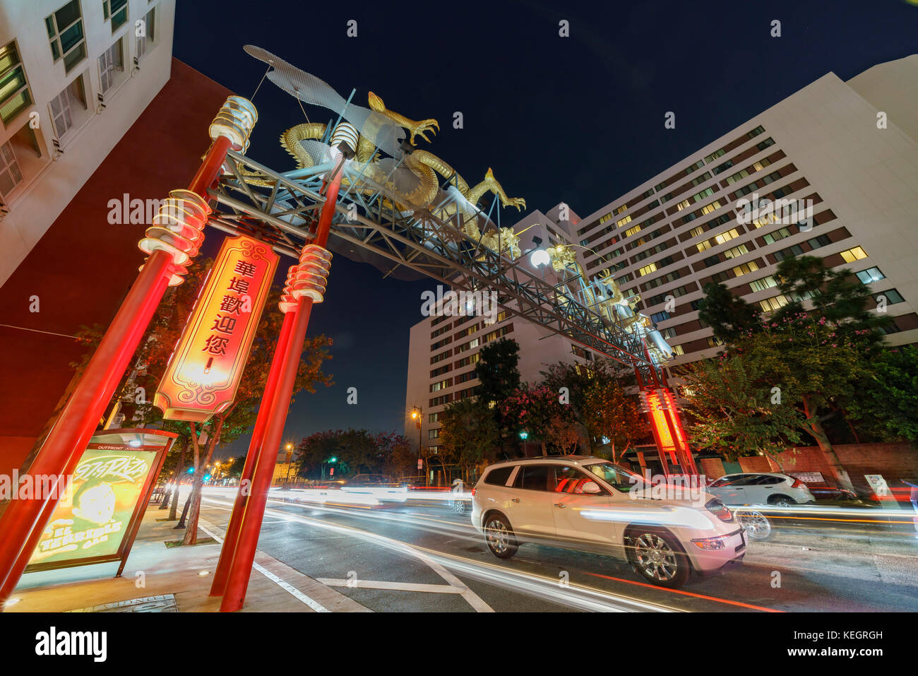 Los Angeles, OCT 19: Night view of the dragon entrance gate of ...