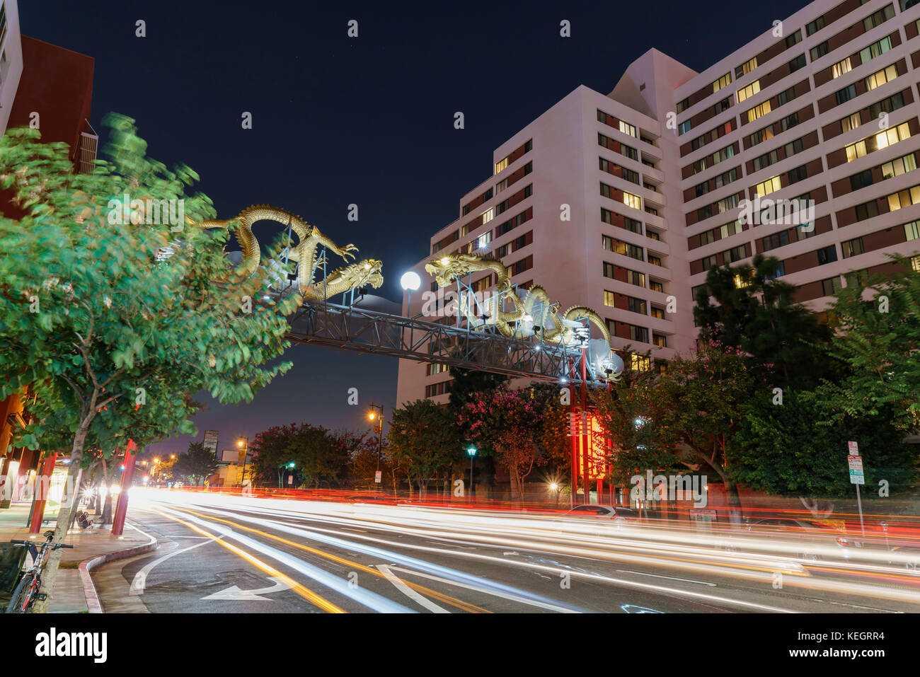 Los Angeles, OCT 19: Night view of the dragon entrance gate of ...