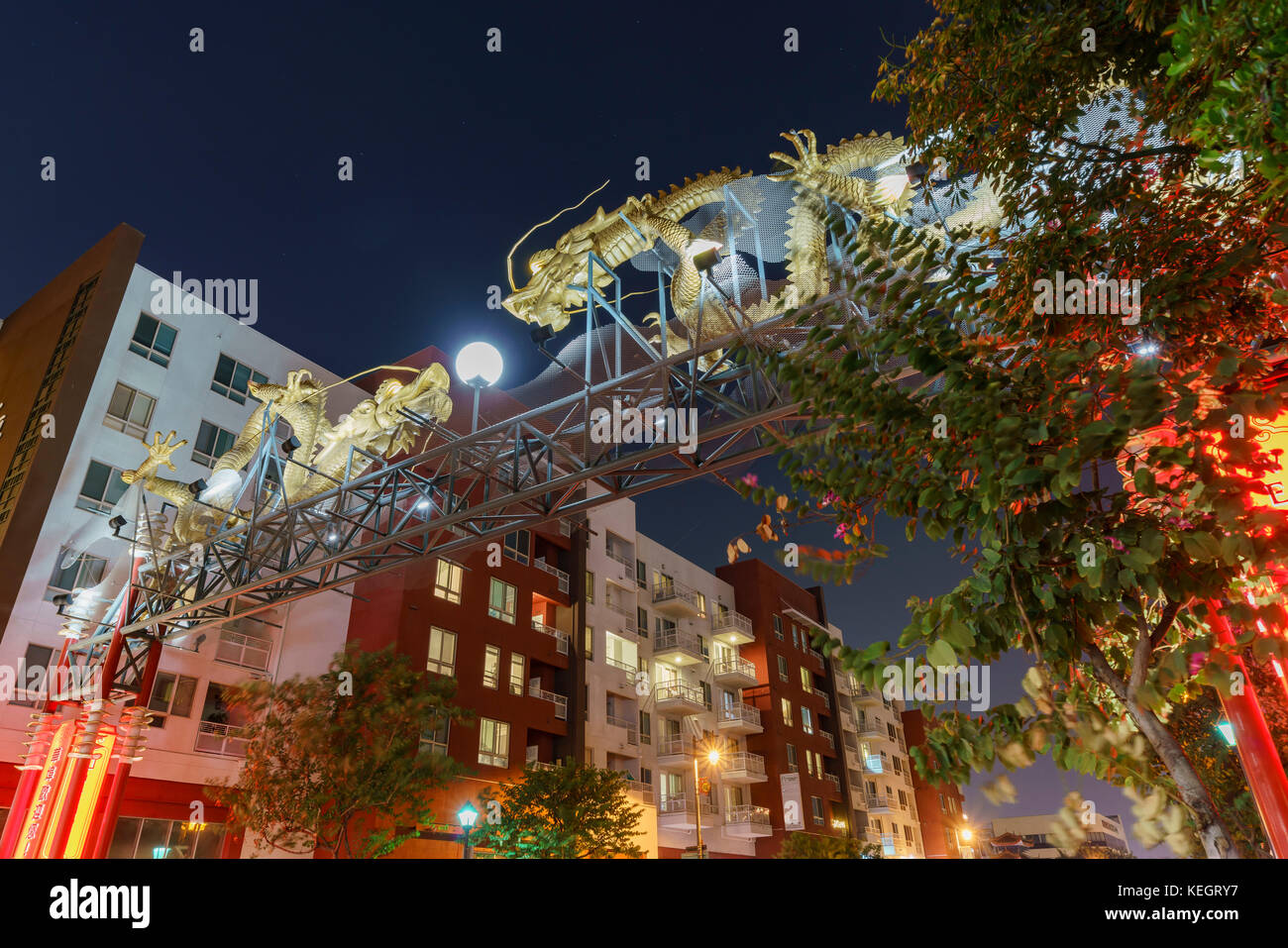 Los Angeles, OCT 19: Night view of the dragon entrance gate of ...