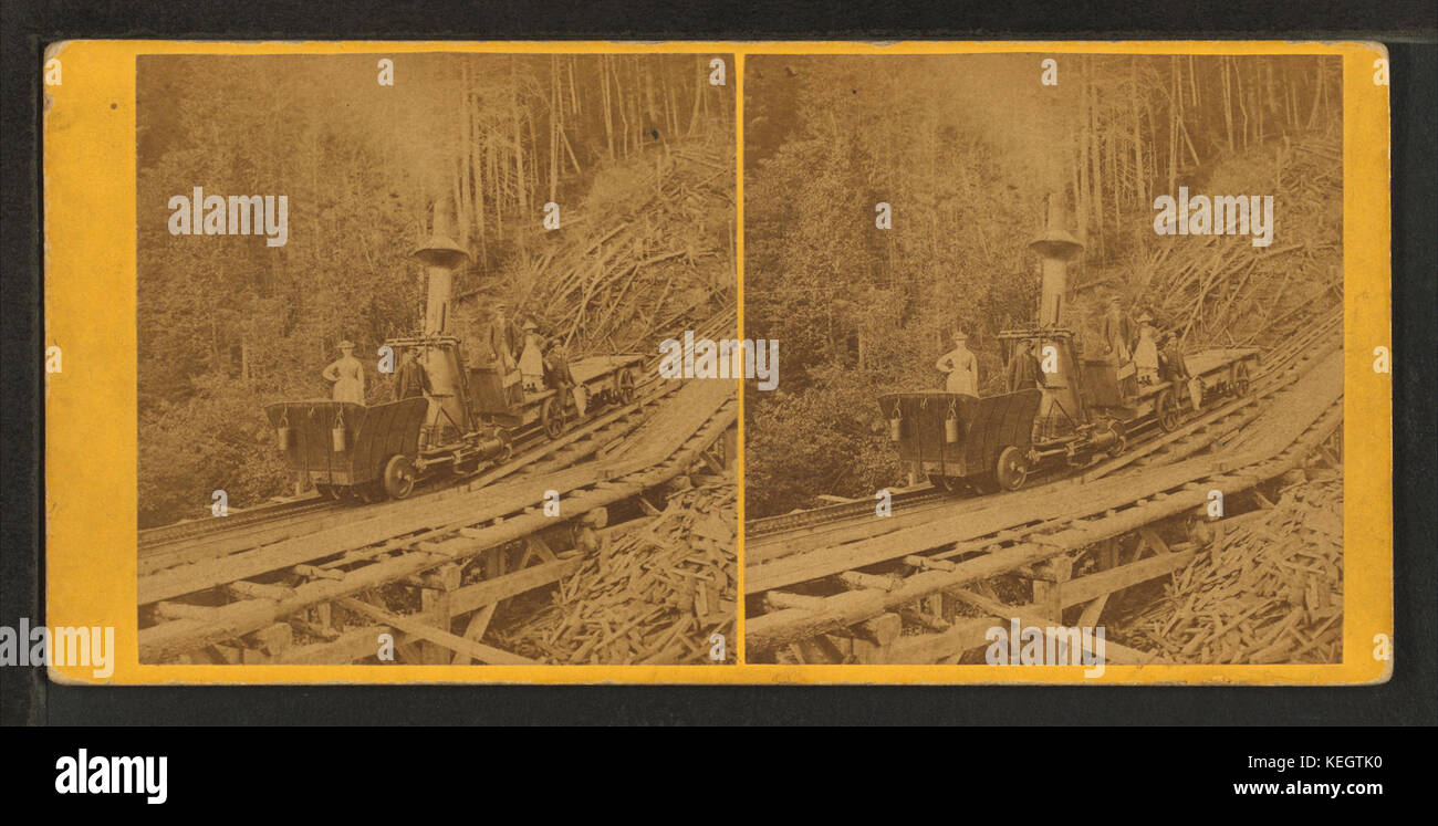 This stereoscopic image shows a locomotive engine on the Mount ...