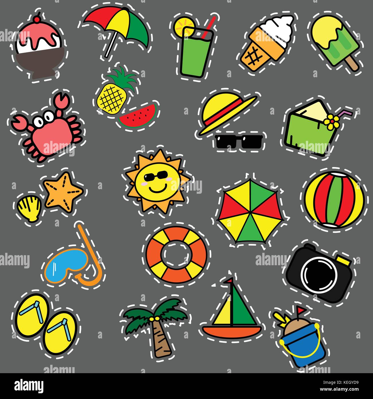 Colorful summer items icon with white dashed outline on grey background ...