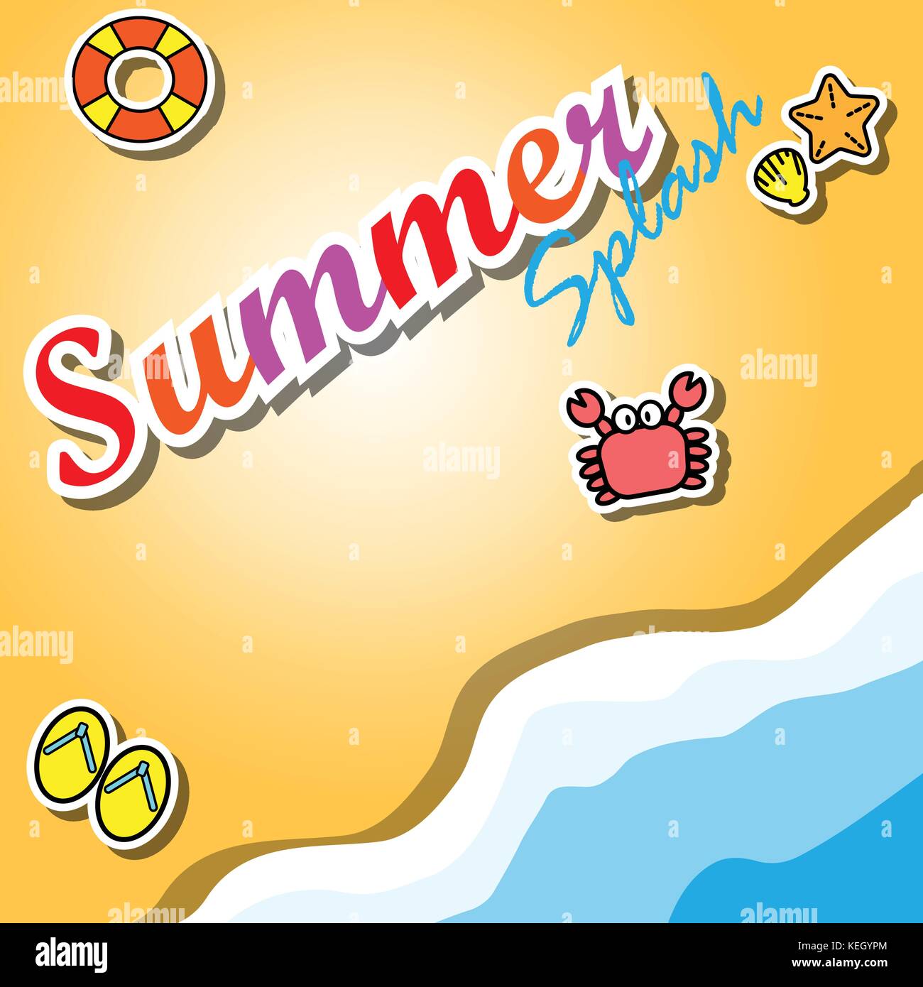 Summer splash word on sand beach with summer items for Holiday concept ...