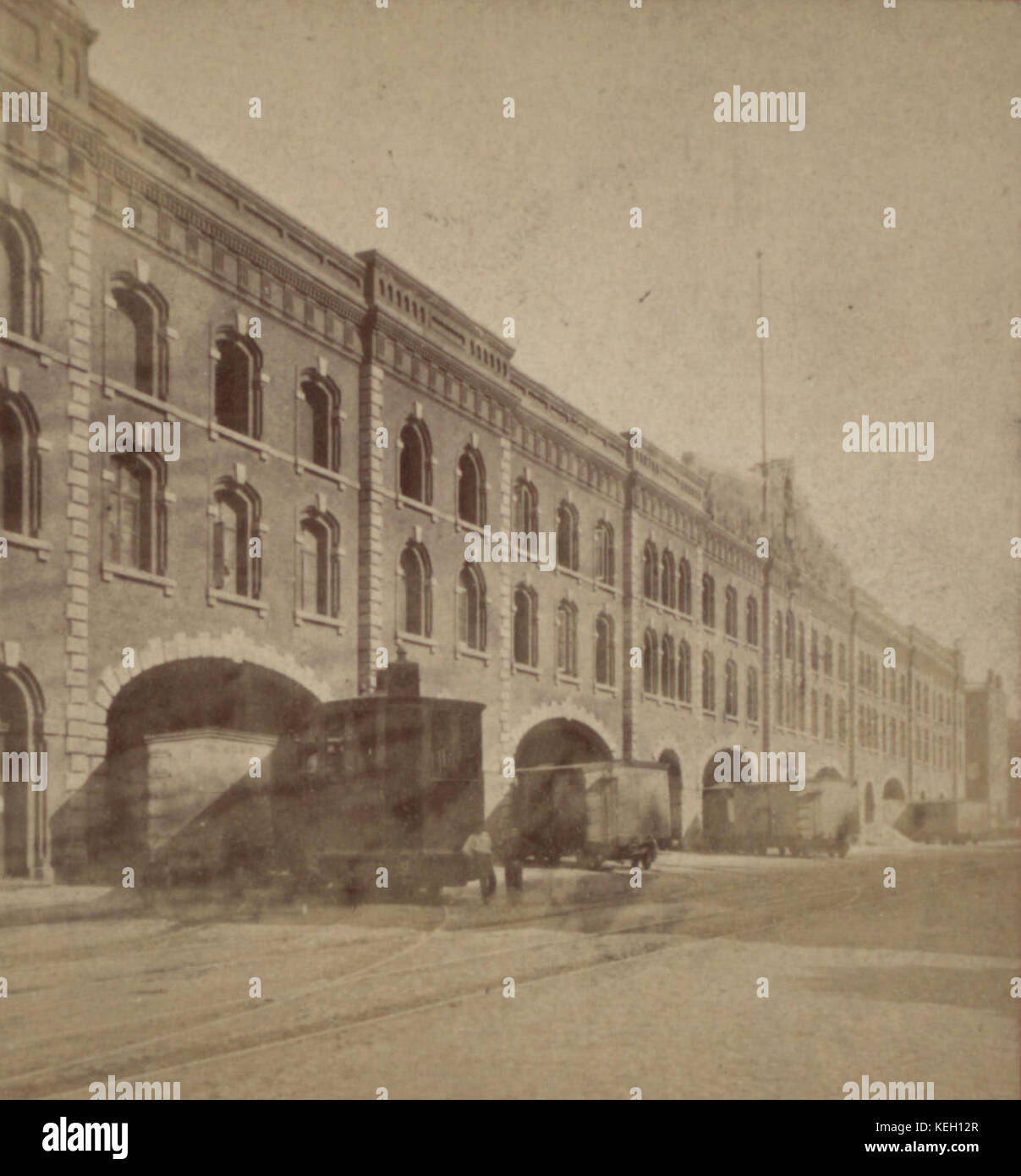 This stereoscopic image shows the Hudson River Railroad Depot, part of ...