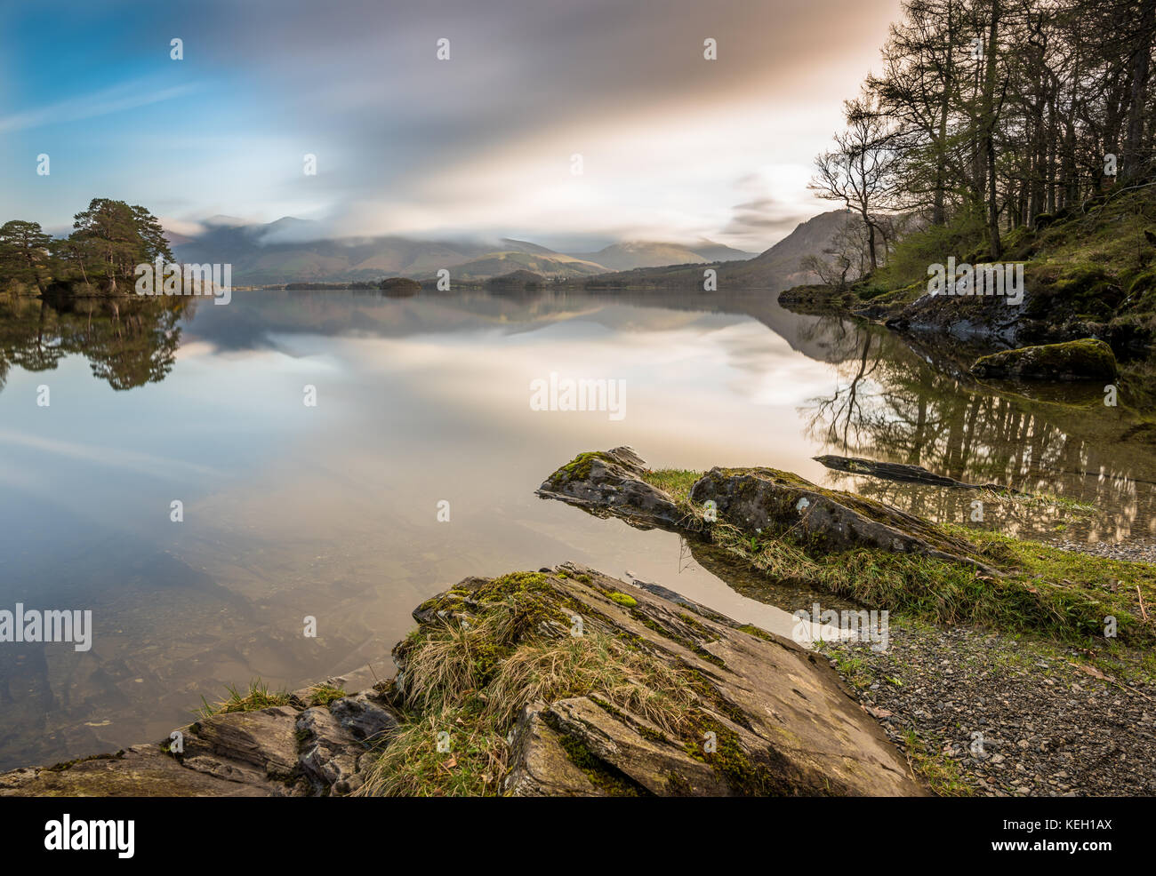 A near perfect morning on Abbots Bay Derwent Water Cumbria Stock Photo ...
