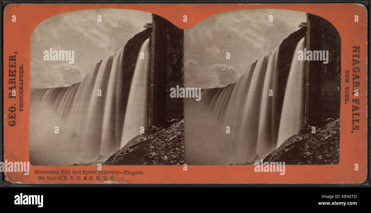 This photograph, taken by George Barker, shows the Horseshoe Fall and the spiral stairway at ...