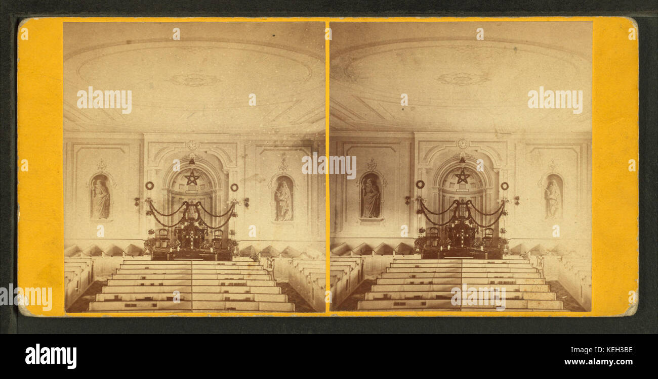 Interior of Universalist church with altar decorated with garlands, by ...