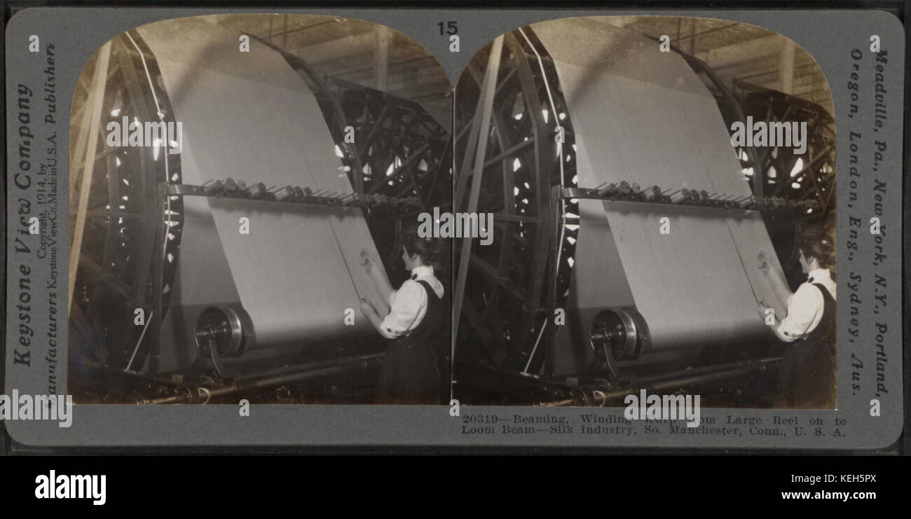 Beaming, winding warp from large reel on to loom beam. Silk industry ...