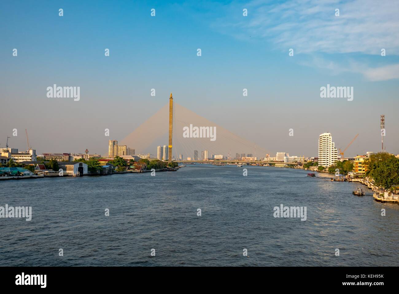 Rama 8 Bridge at night in Bangkok and Chopraya river, Thailand Stock ...