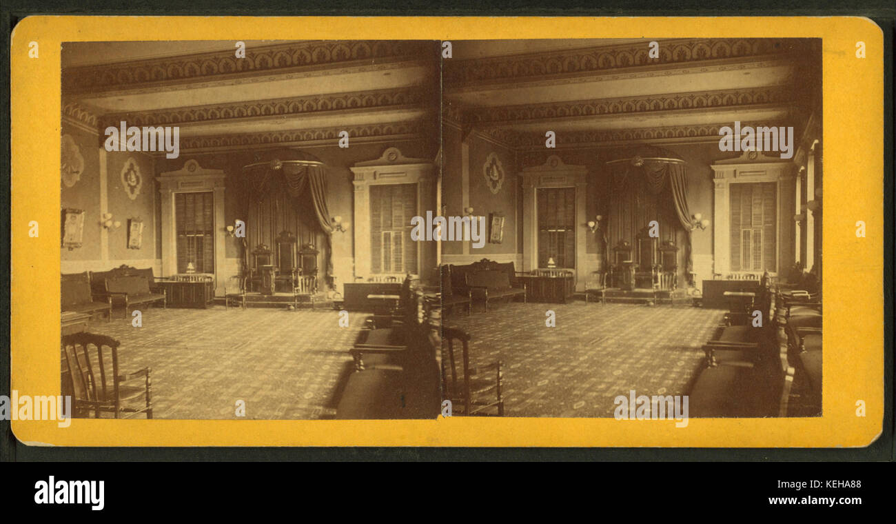 Interior view of ceremonial room, with three chairs on a dias with ...