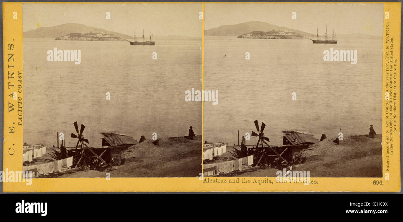 This historical photograph by Carleton E. Watkins shows Alcatraz Island ...