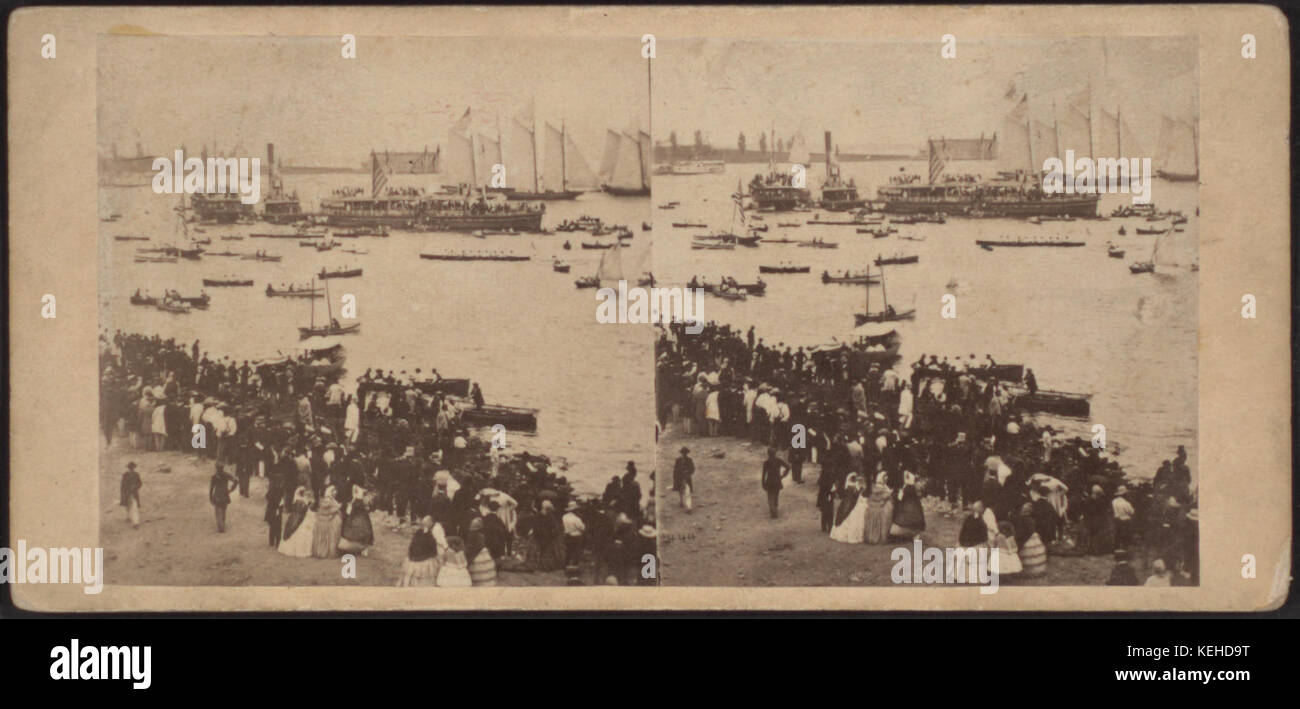 Animated Scene. The shore crowded with spectators and the water crowded ...