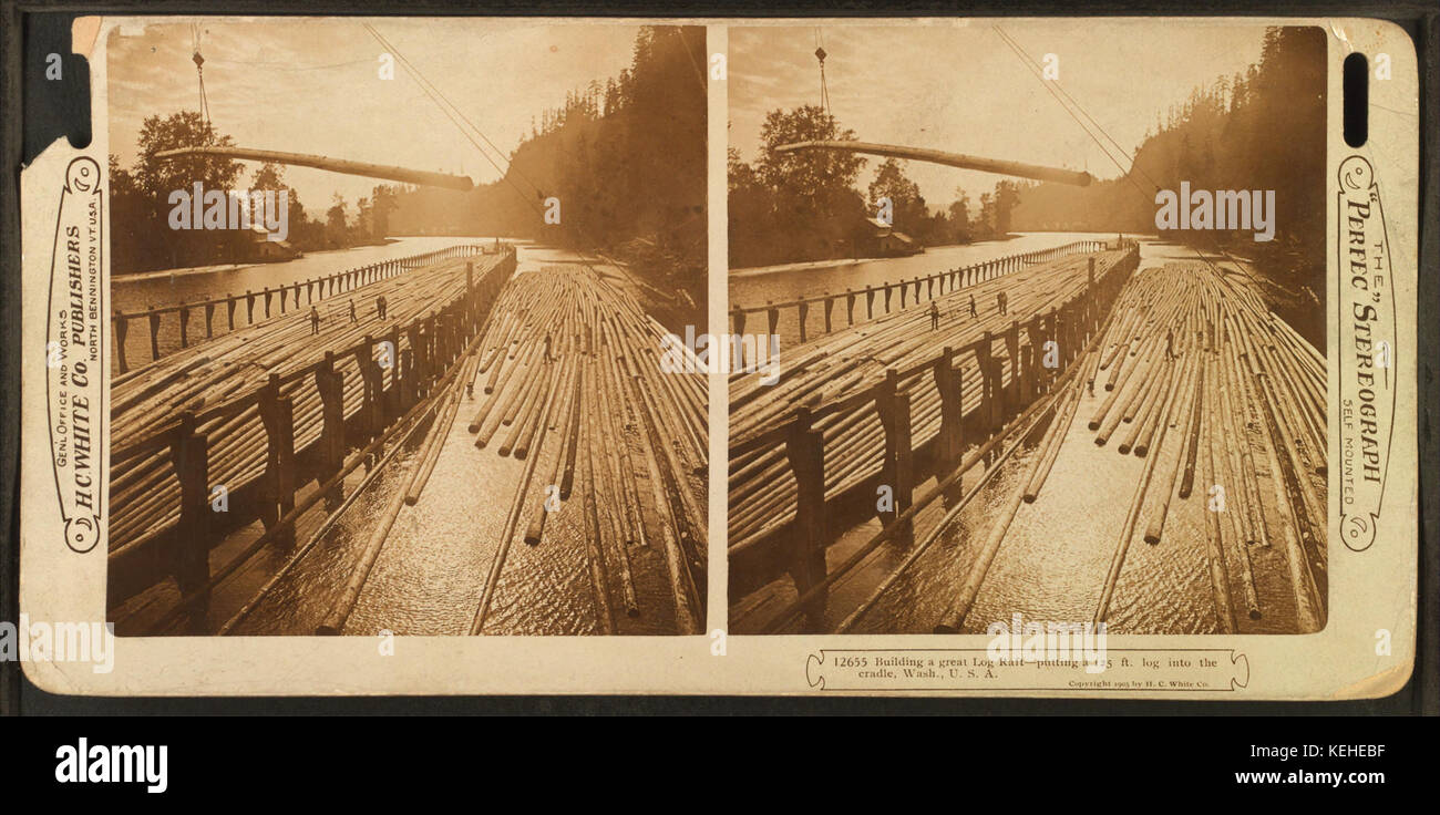 Building a great log raft, putting a 125 ft. long log into the cradle ...