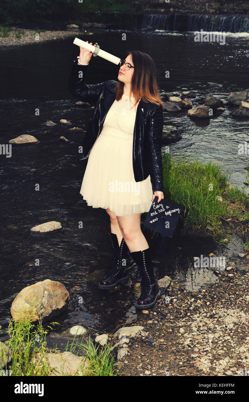 Diploma Prom Girl River Waterfall Hat Stock Photo - Alamy