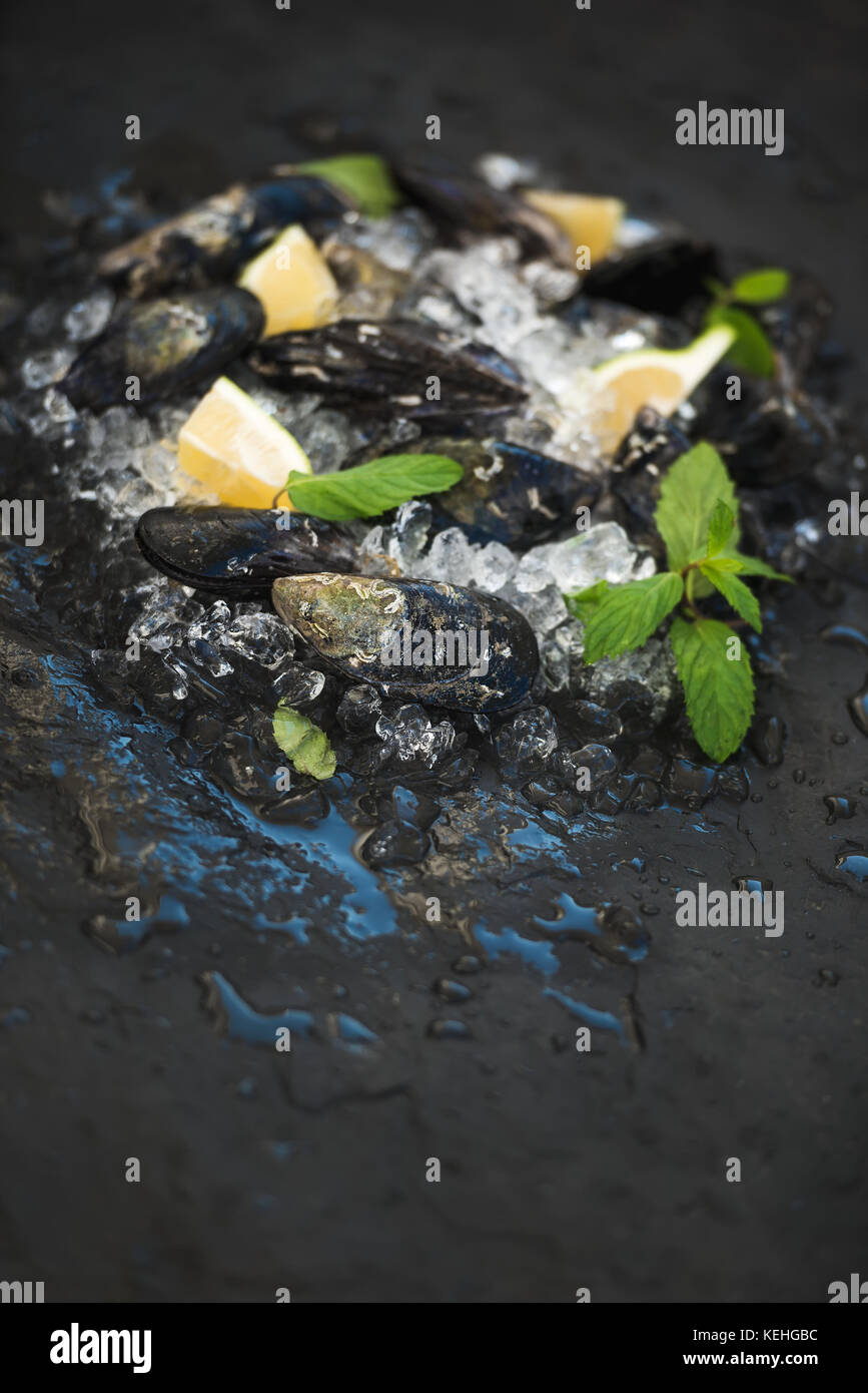 Fresh uncooked mussels with lemon, herbs and spices on chipped ice over ...