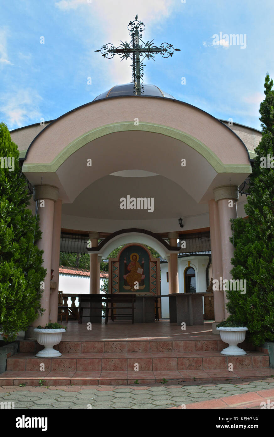Small open chapel and decorative plants at Serbian Monastery Stock ...