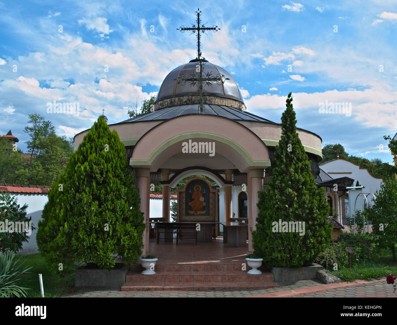 Small open chapel and decorative plants at Serbian Monastery Stock ...