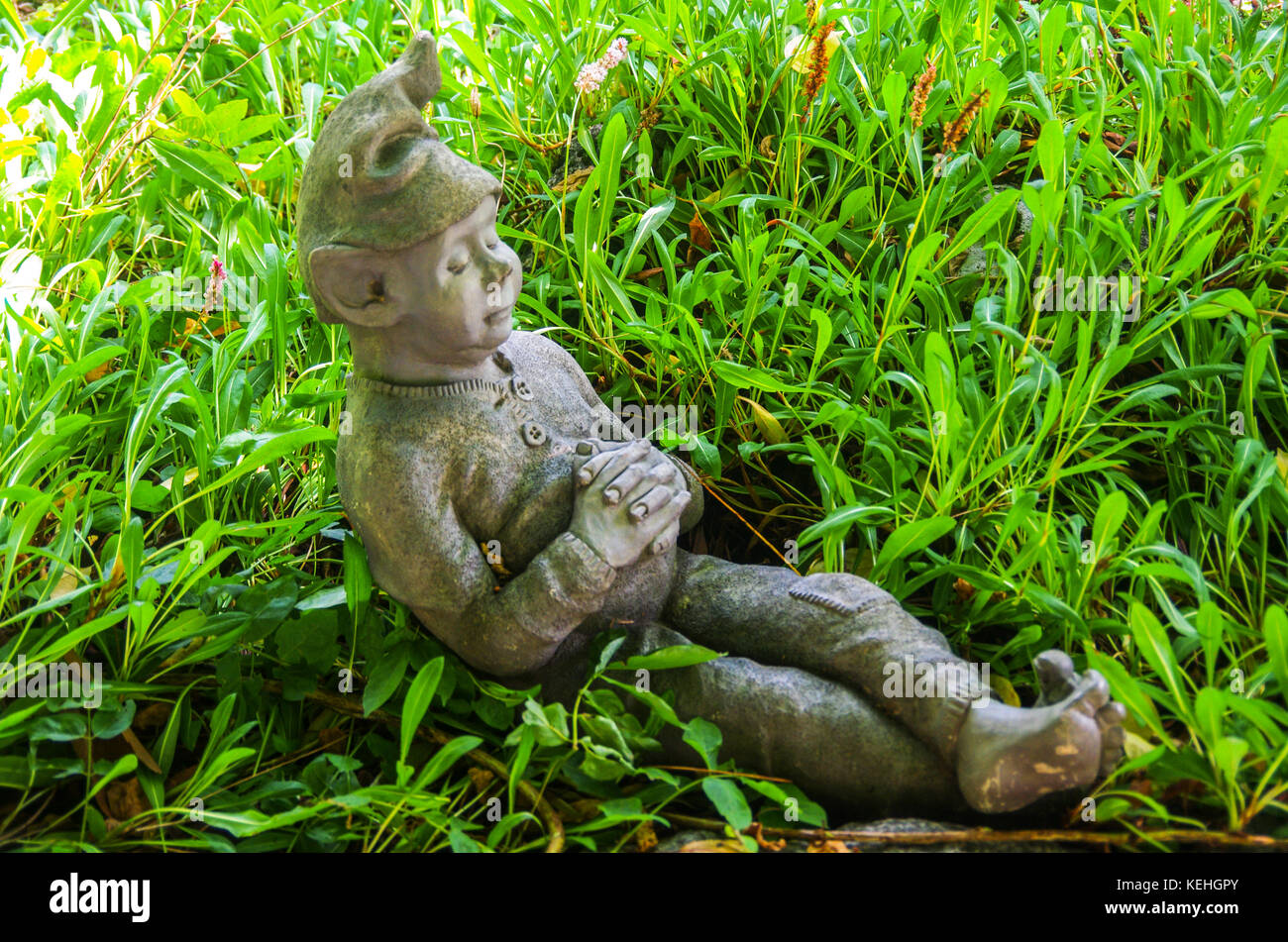 Little garden dwarf sleeping in the grass Stock Photo - Alamy